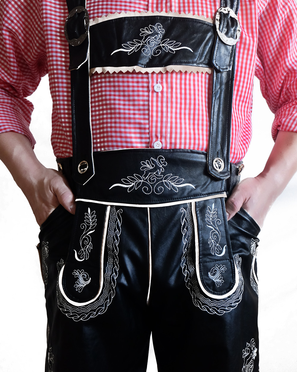 K97 Mens Authentic German Black Faux Leather Lederhosen Oktoberfest